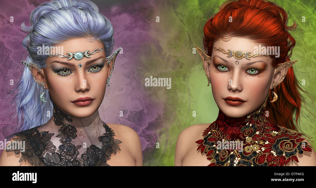 double portrait of two female elven with circlets and ear jewelrys ...