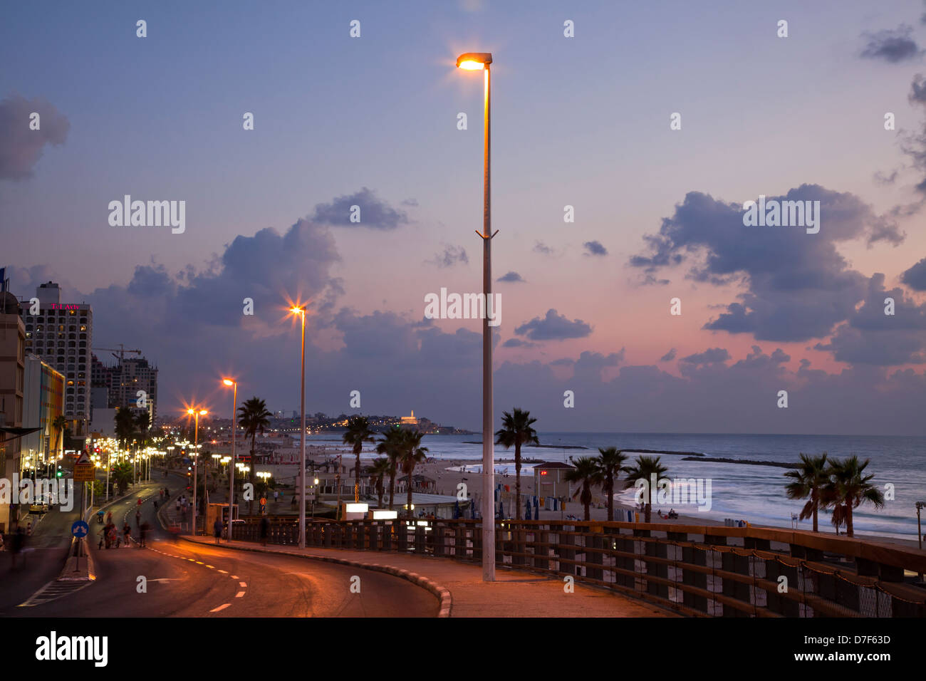 A view Tel-Aviv boardwalk beaches at dusk old city Jaffa seen in ...