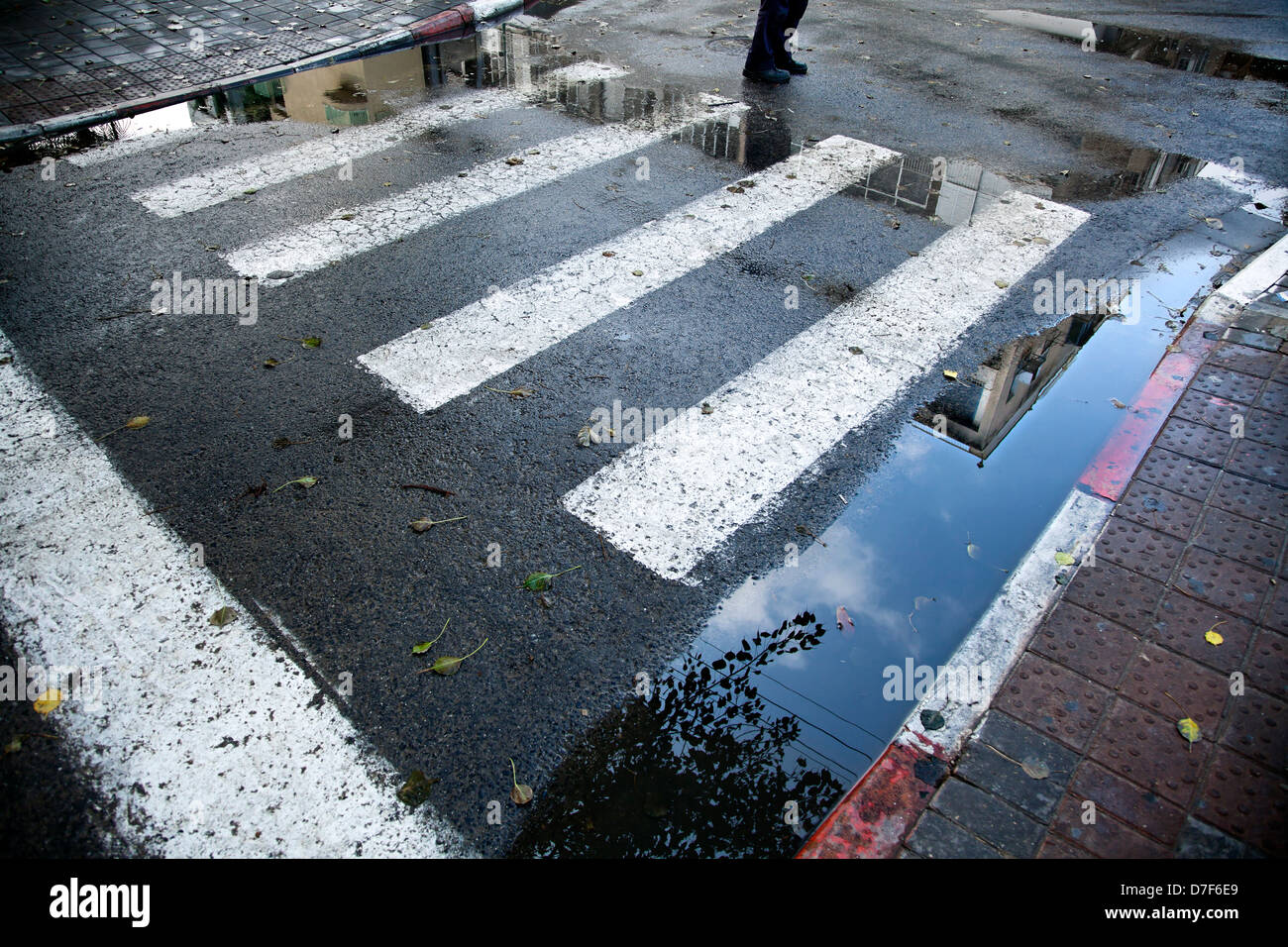 A Tel-Aviv building reflecting in puddle that's between curb crosswalk ...