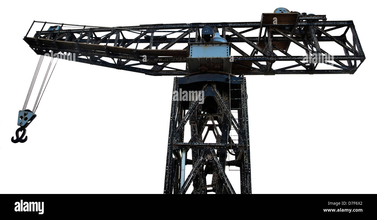 Vintage run-down crane isolated on white background Stock Photo - Alamy