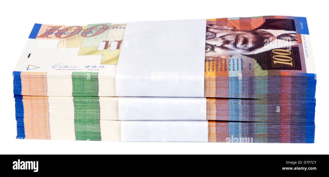 A stack of 100 NIS (New Israeli Shekel) money notes, isolated on white ...