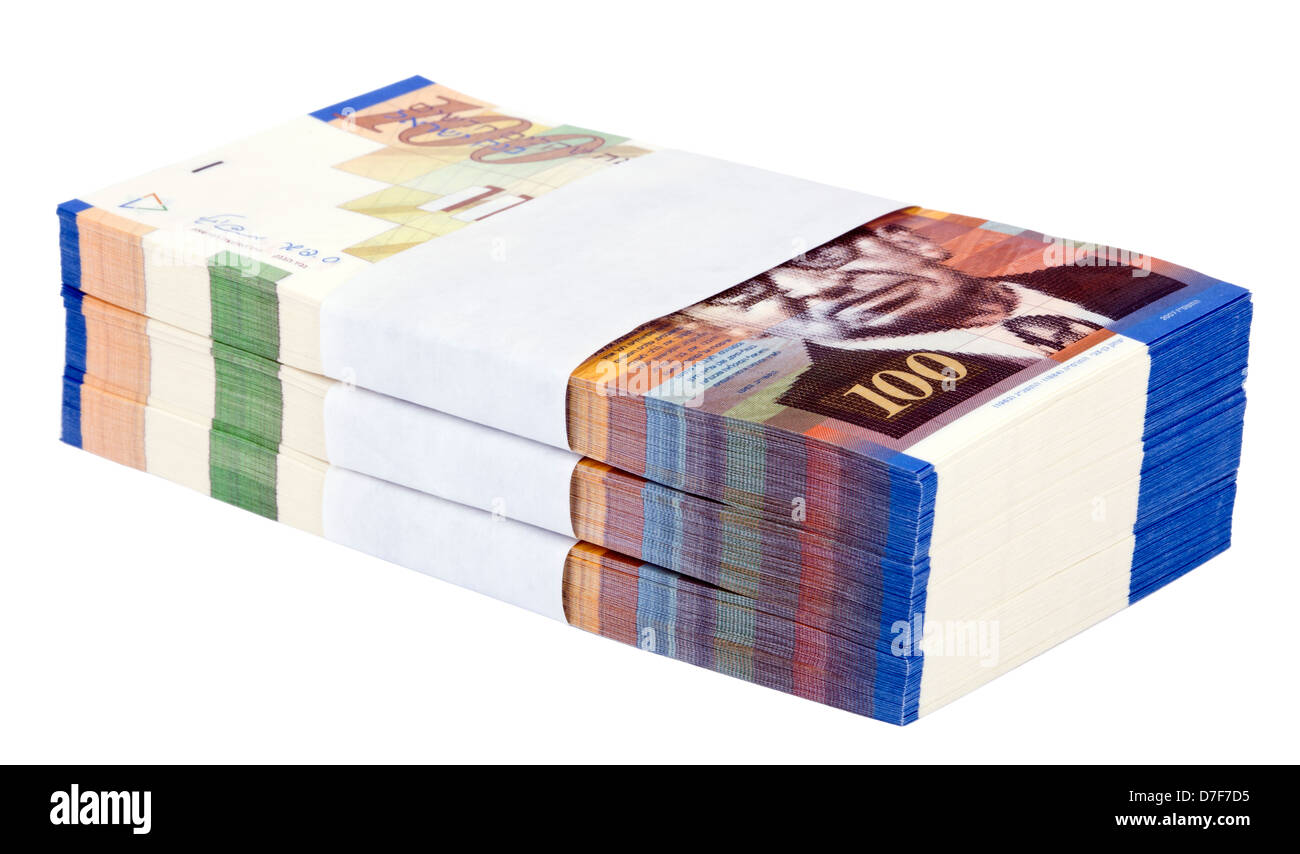 A stack of 100 NIS (New Israeli Shekel) money notes, isolated on white ...