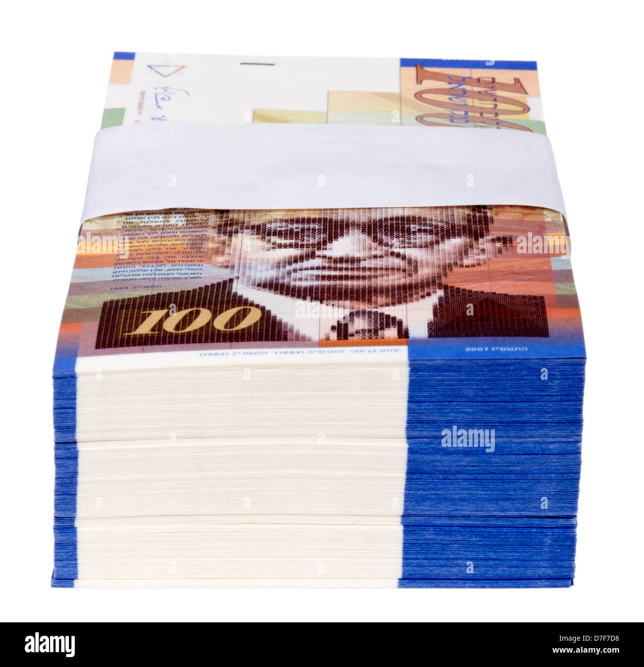 A stack of 100 NIS (New Israeli Shekel) money notes, isolated on white ...