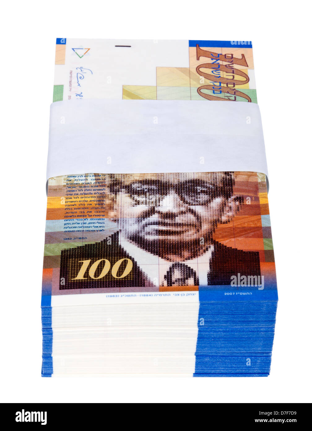 A stack of 100 NIS (New Israeli Shekel) money notes, isolated on white ...