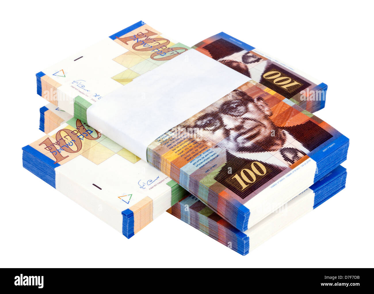 Three stacks of 100 NIS (New Israeli Shekel) money notes on top of ...