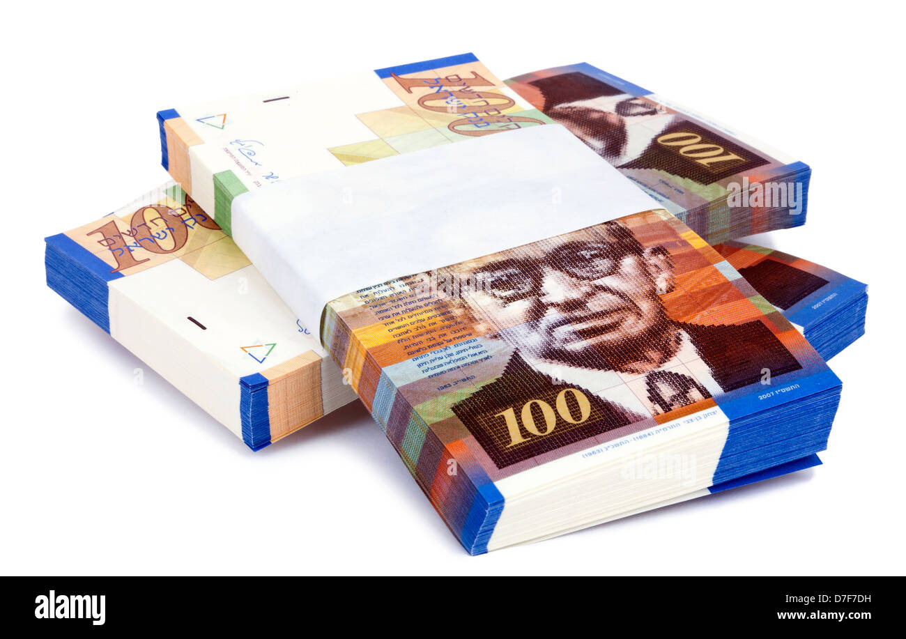 Three stacks of 100 NIS (New Israeli Shekel) money notes on top of ...