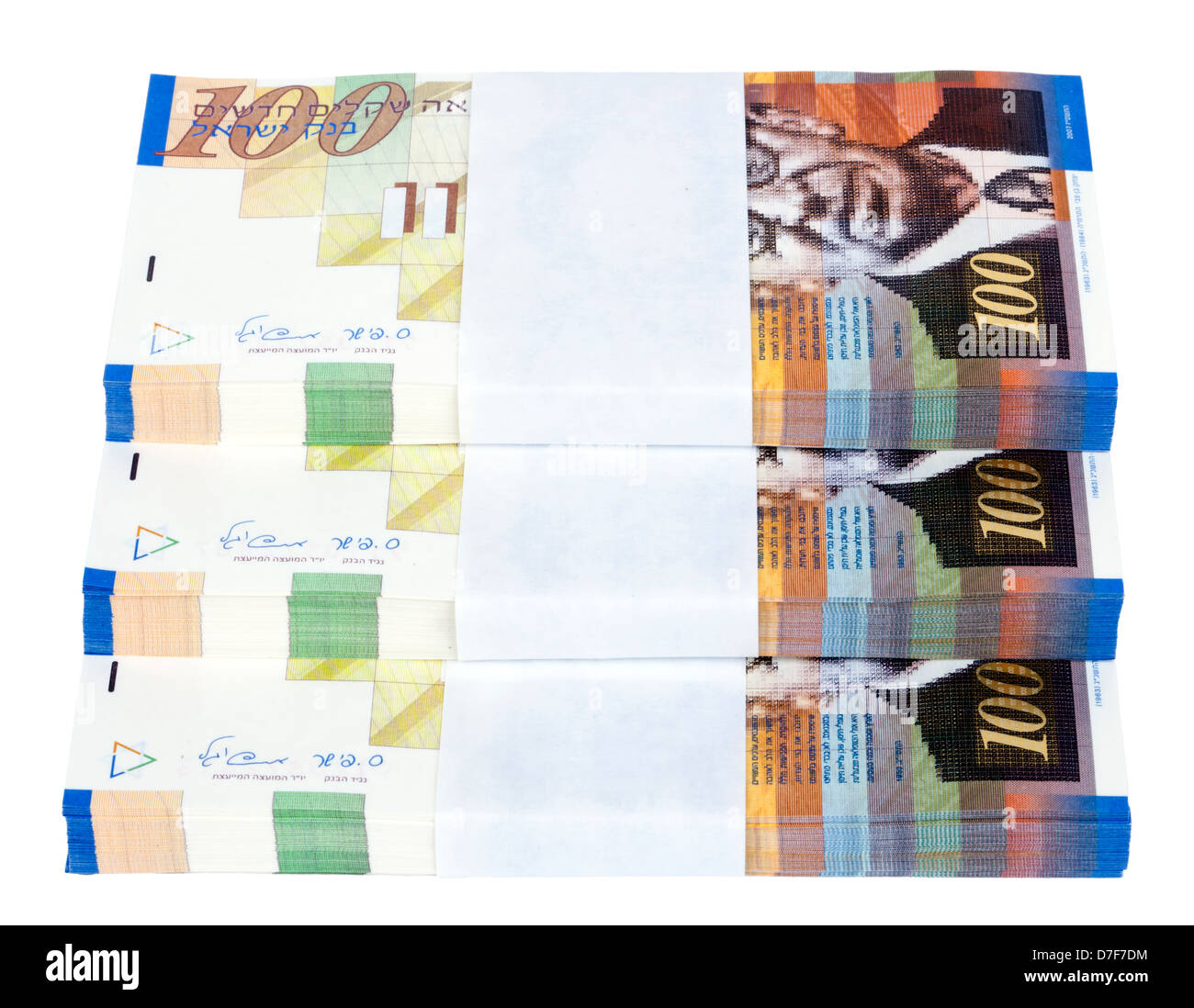 Three stacks 100 NIS (New Israeli Shekel) money notes on top eachother ...