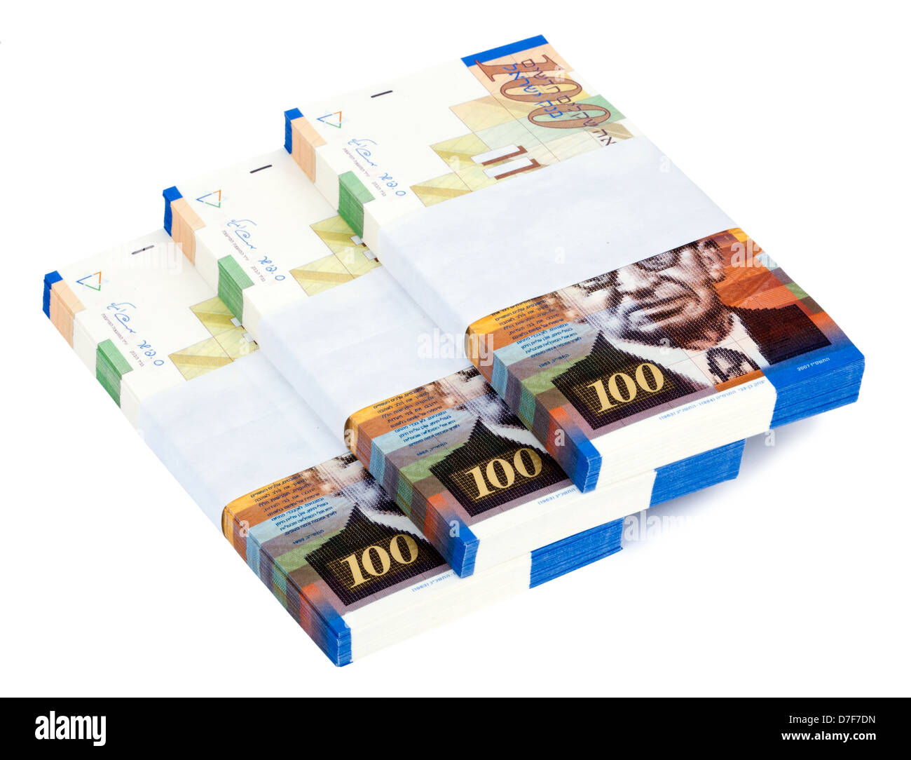 Three stacks 100 NIS (New Israeli Shekel) money notes on top eachother ...