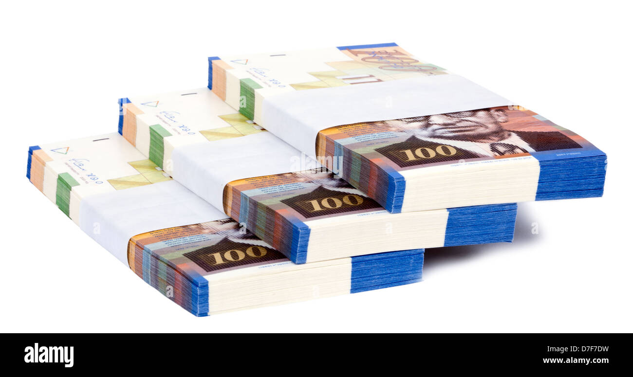 Three stacks 100 NIS (New Israeli Shekel) money notes on top eachother ...