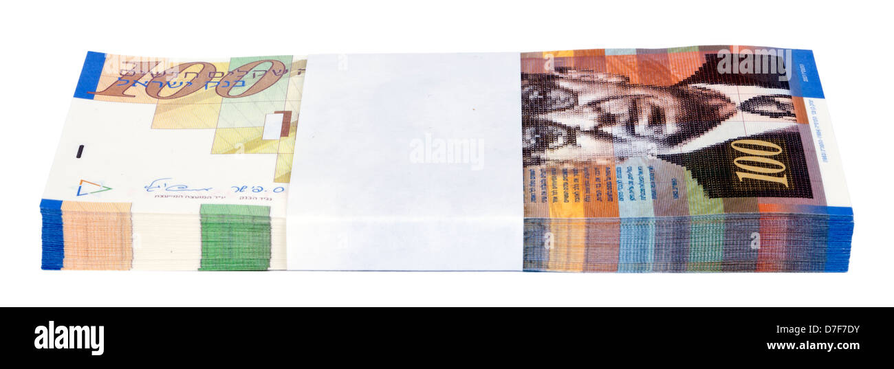A stack of 100 NIS (New Israeli Shekel) money notes, isolated on white ...
