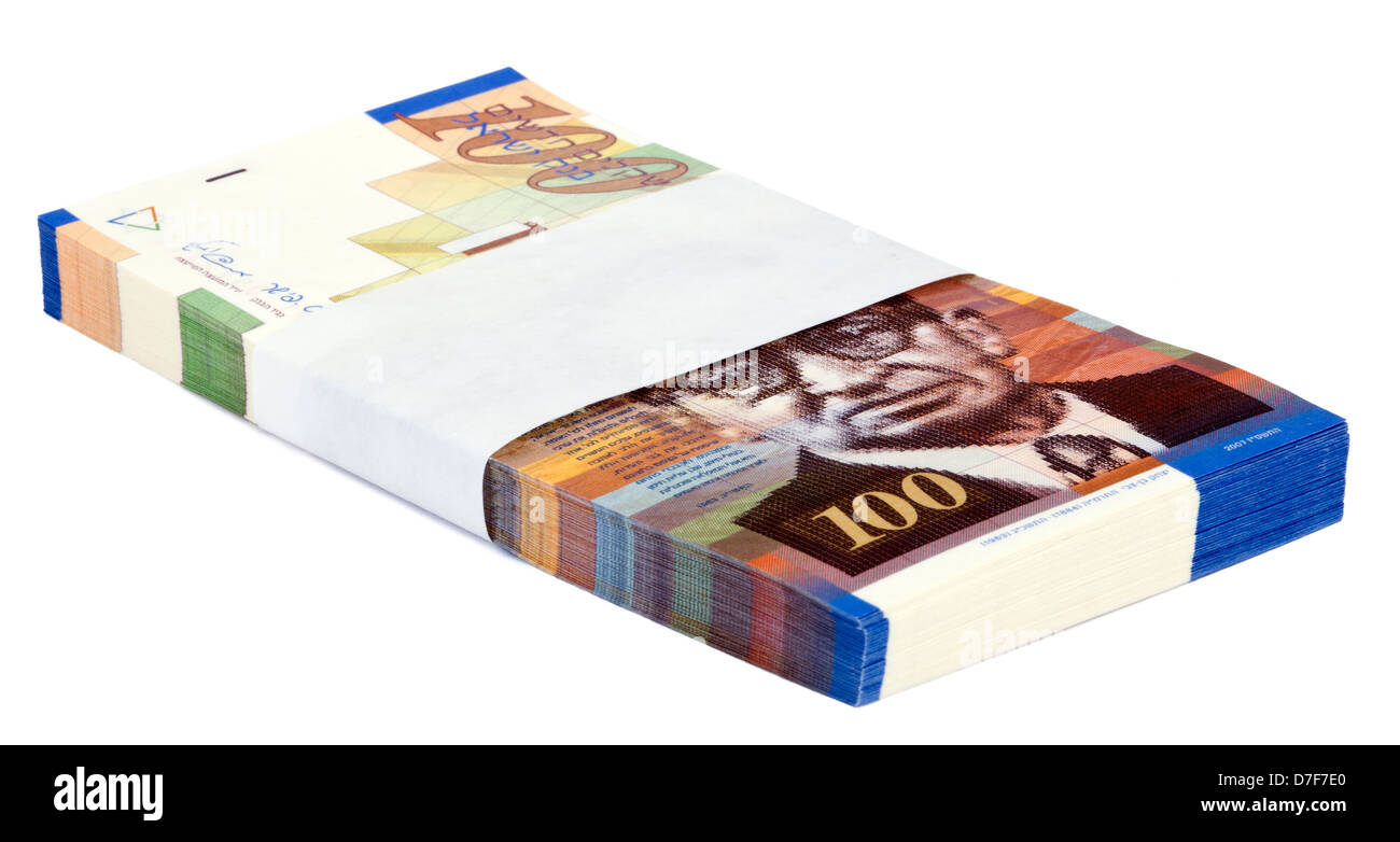 A stack of 100 NIS (New Israeli Shekel) money notes, isolated on white ...