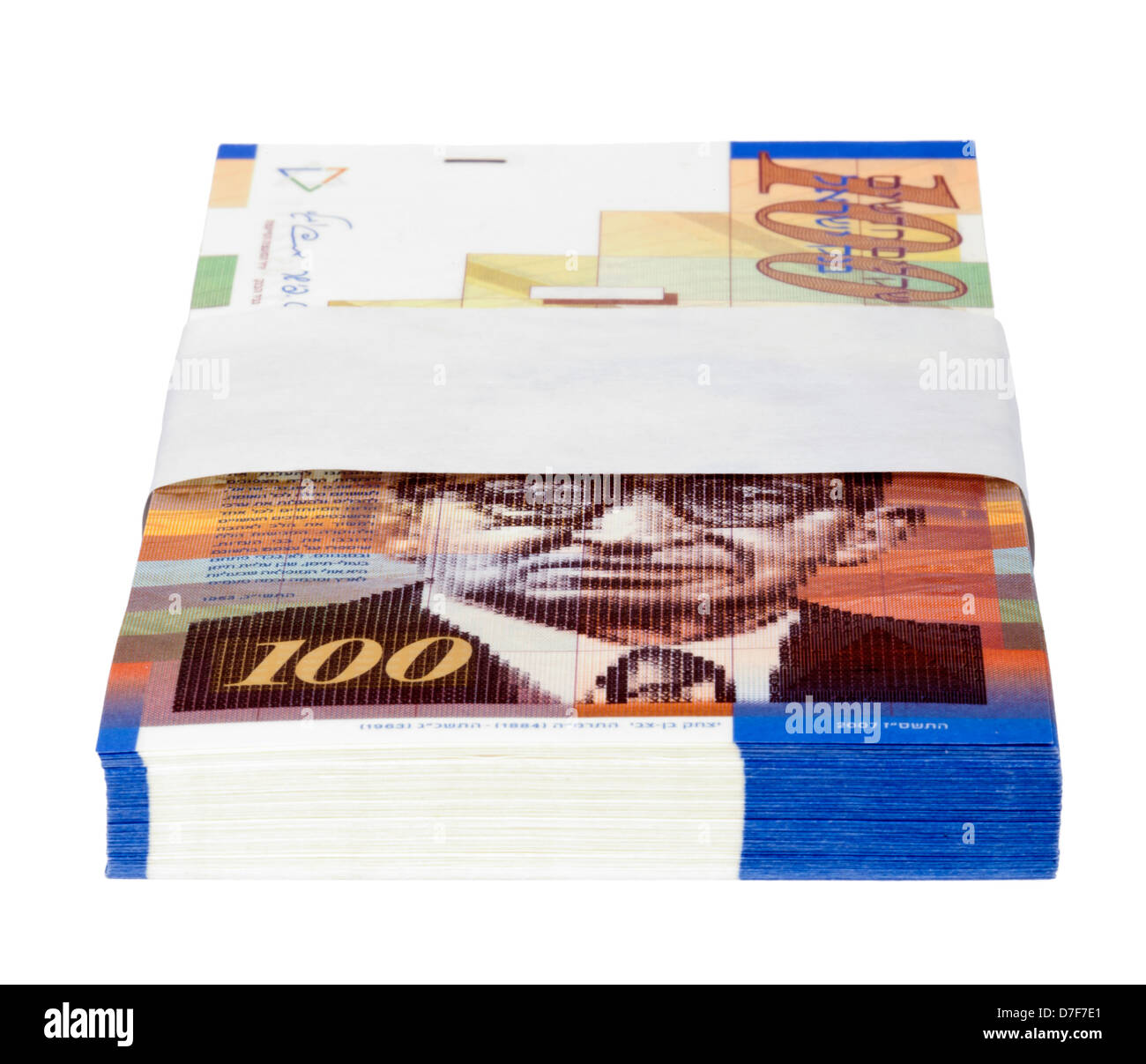 A stack of 100 NIS (New Israeli Shekel) money notes, isolated on white ...