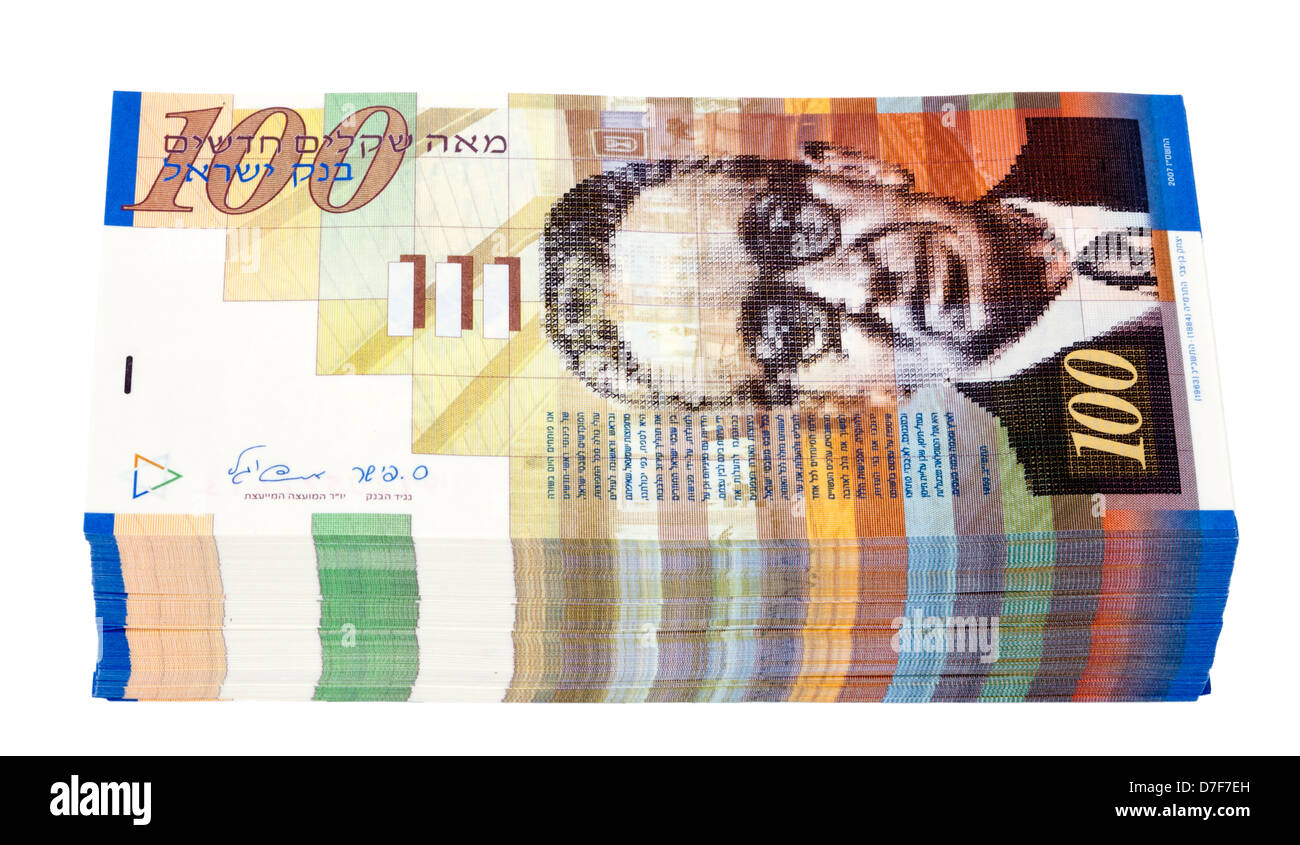 A stack of 100 NIS (New Israeli Shekel) money notes, isolated on white ...
