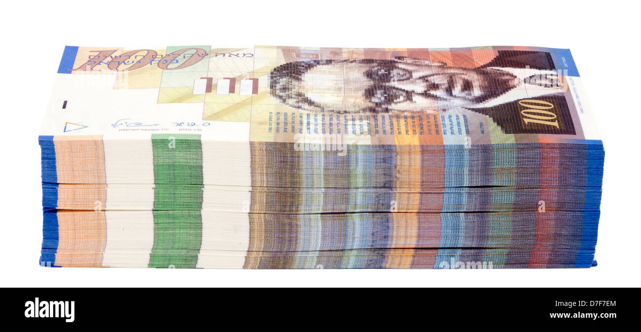 A stack of 100 NIS (New Israeli Shekel) money notes, isolated on white ...
