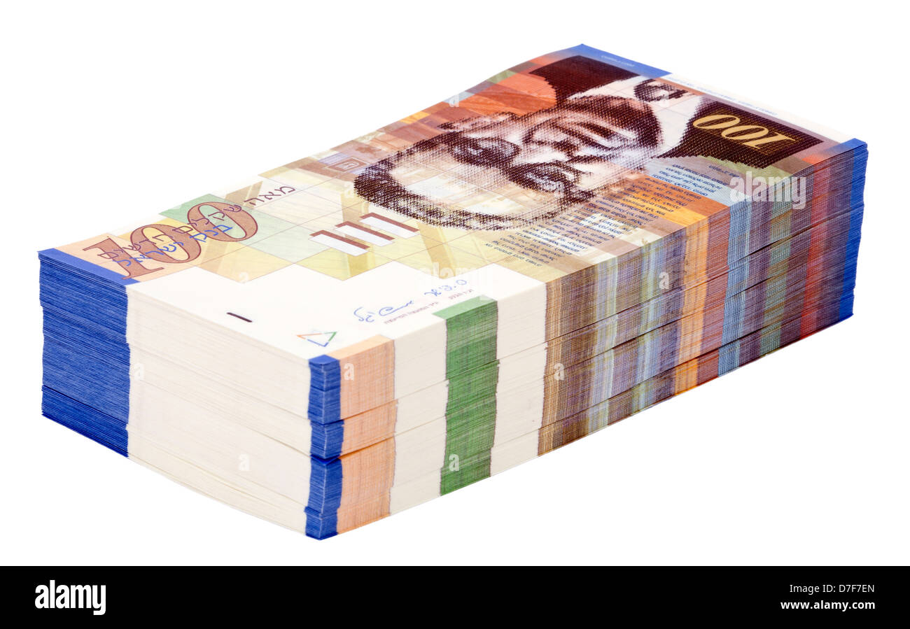 A stack of 100 NIS (New Israeli Shekel) money notes, isolated on white ...
