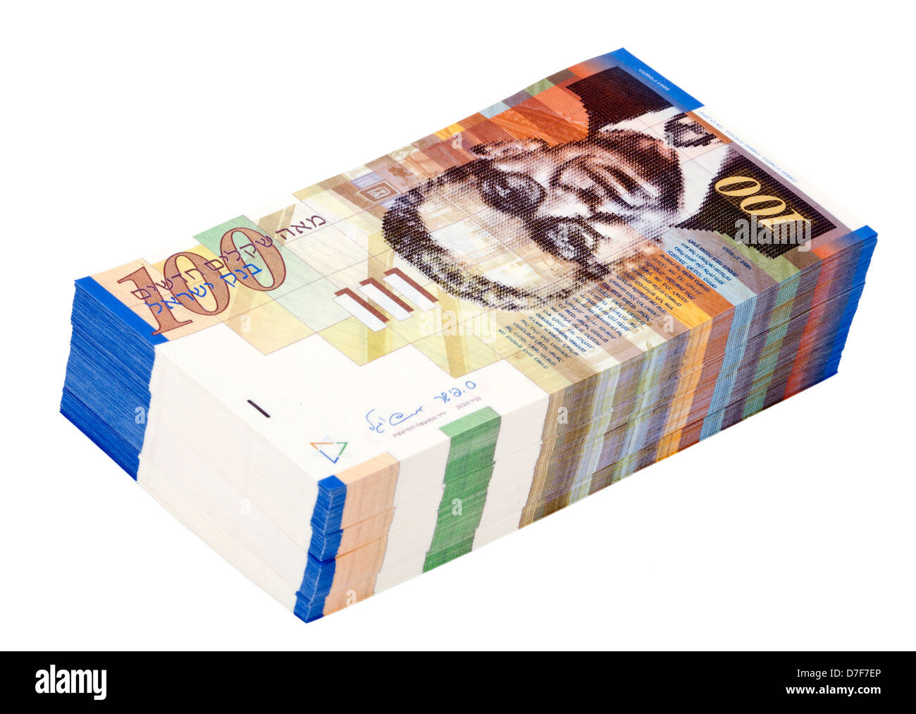 A stack of 100 NIS (New Israeli Shekel) money notes, isolated on white ...