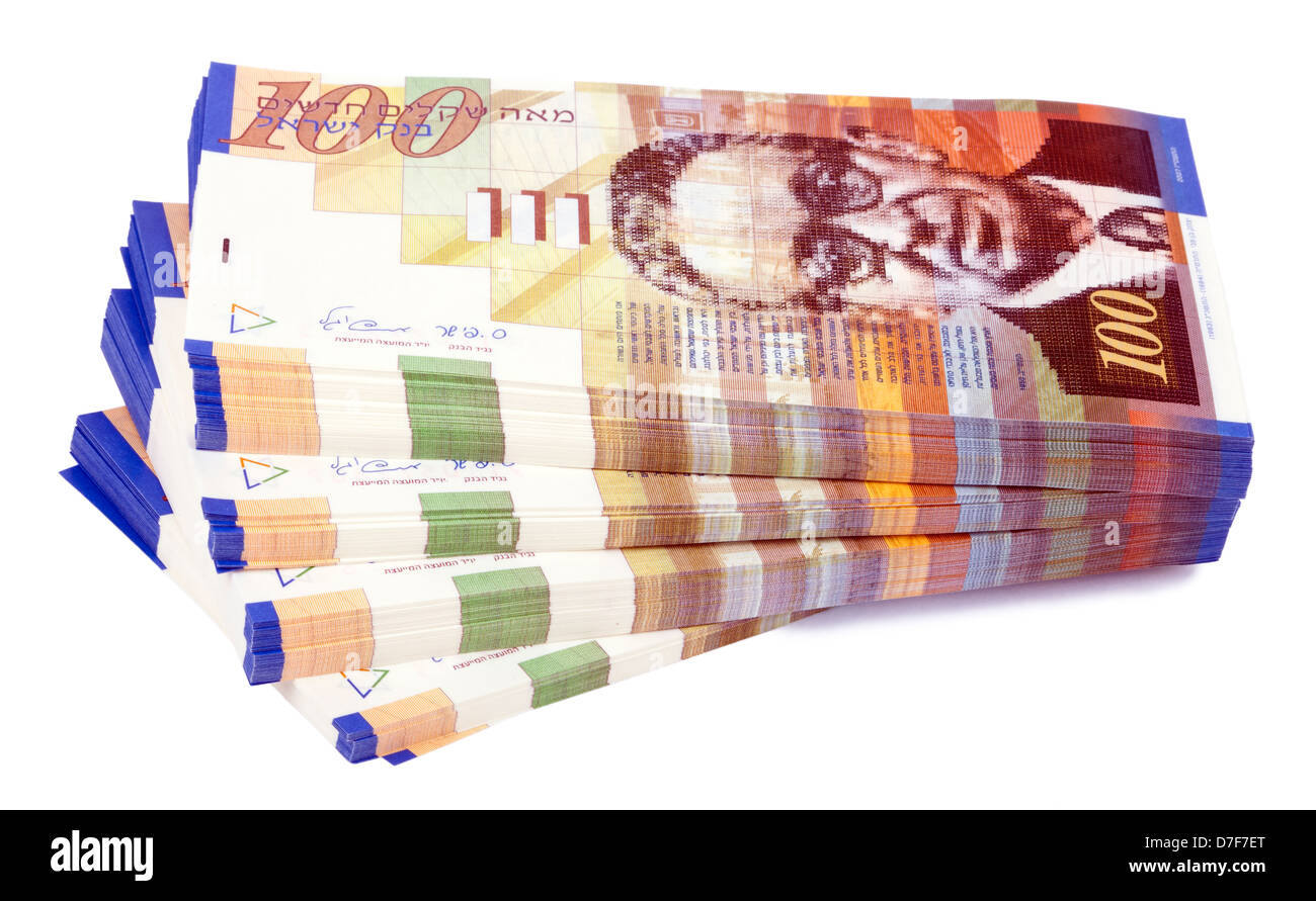 Three stacks 100 NIS (New Israeli Shekel) money notes on top eachother ...
