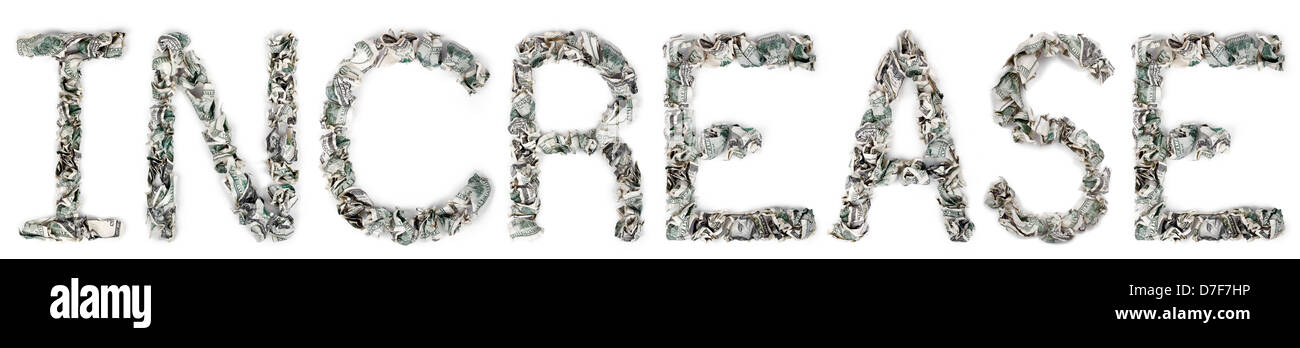 The word 'increase', made out of crimped 100$ bills. Isolated on white ...