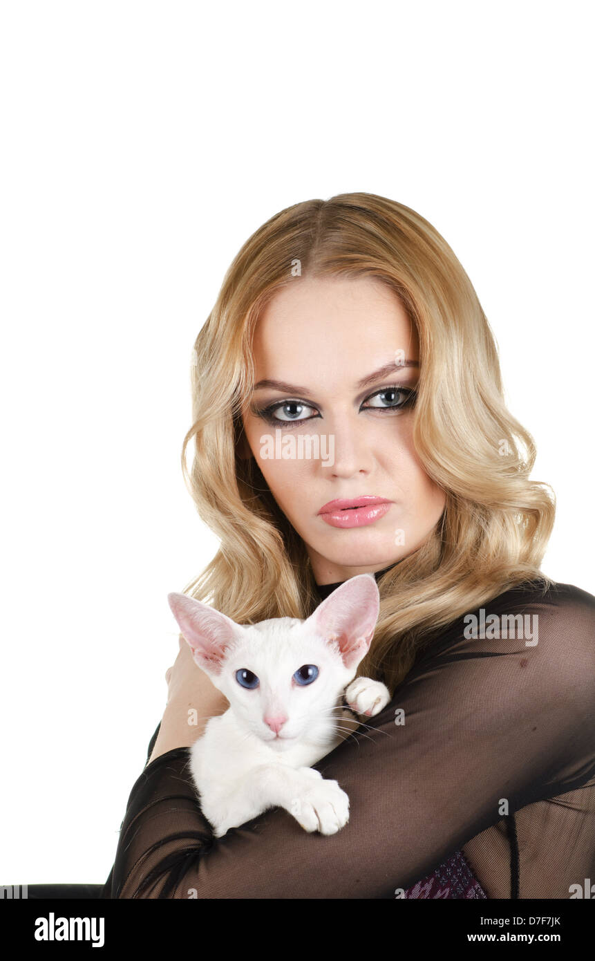 woman with oriental shorthair cat Stock Photo - Alamy