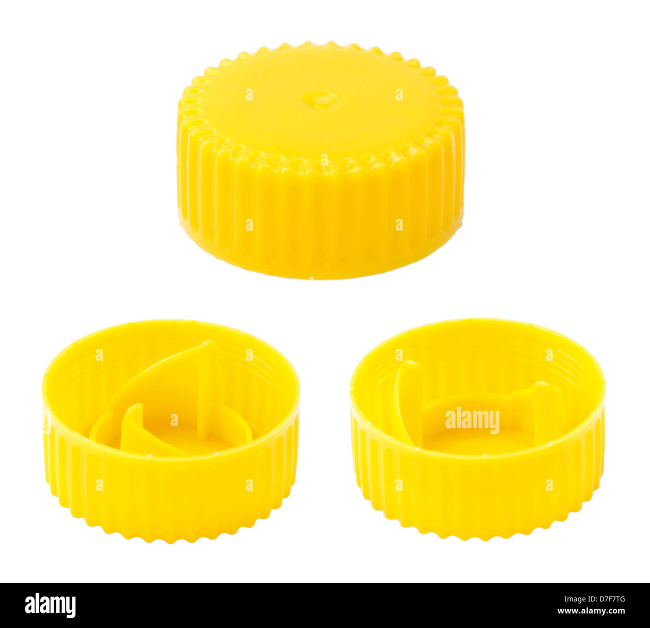 Two angles yellow plastic bottle cap. One top side two bottom side ...