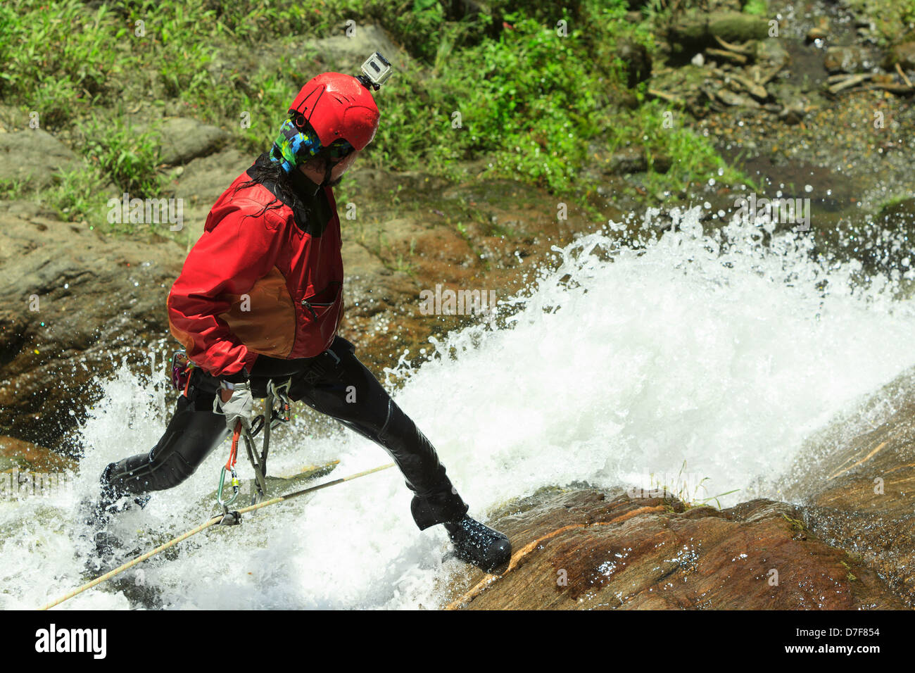 Waterfall Descent By A Professional Canyoning Instructor Stock Photo ...
