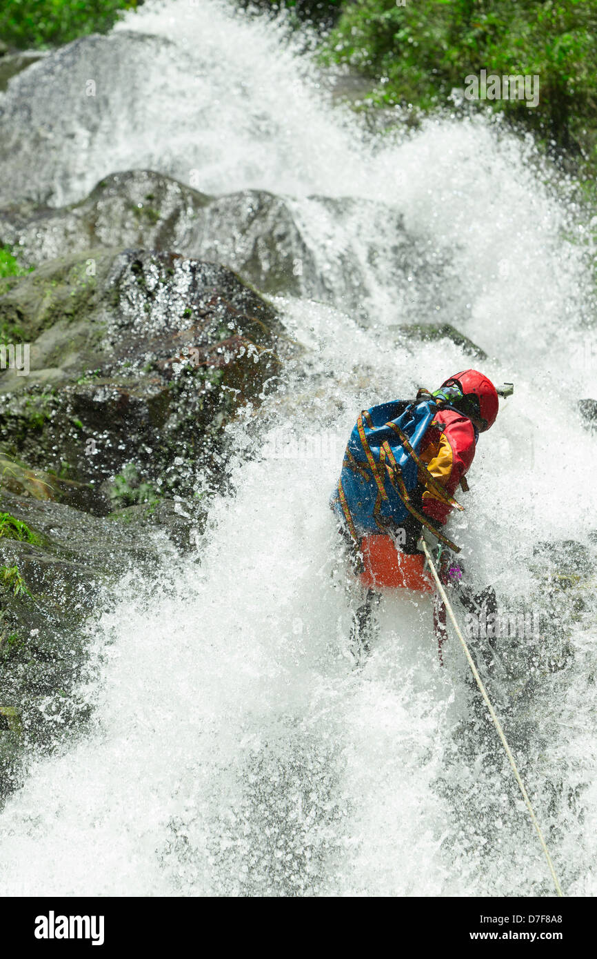 Waterfall Descent By A Professional Canyoning Instructor Stock Photo ...