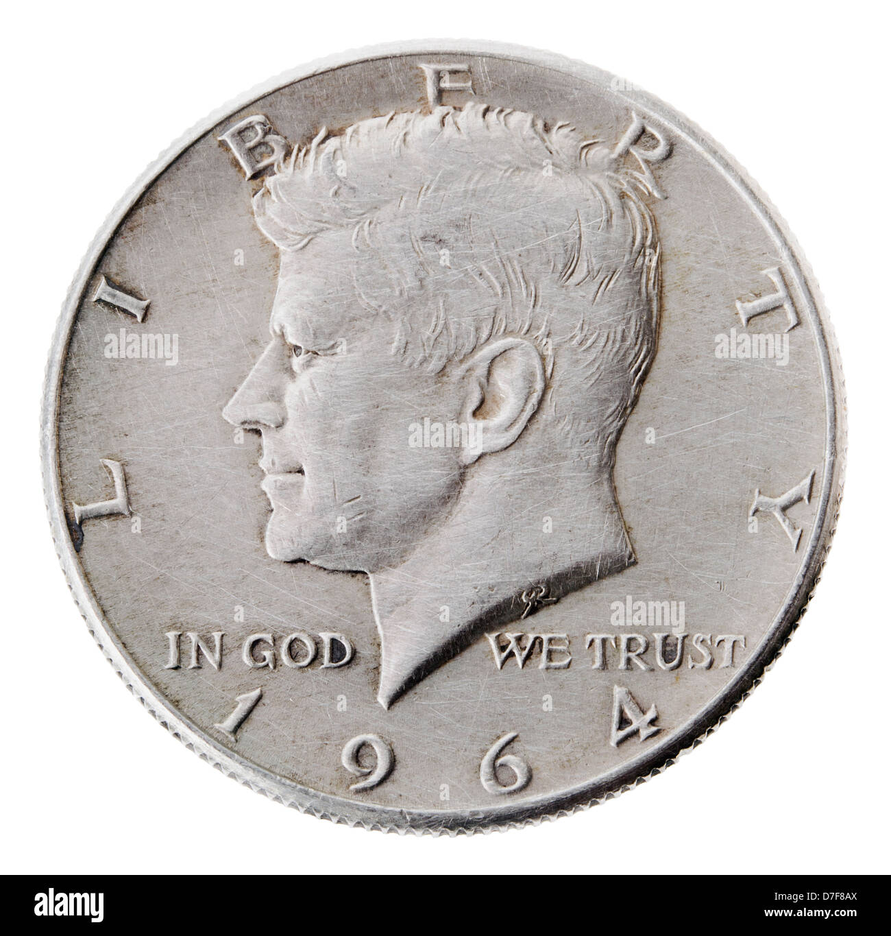 Frontal view obverse (heads) side silver half Dollar minted in 1964 ...