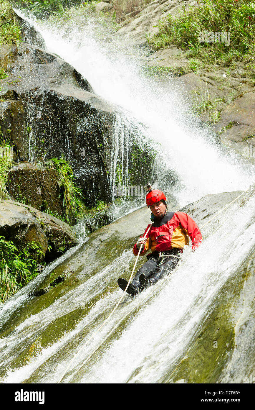 Waterfall Descent By A Professional Canyoning Instructor Stock Photo ...