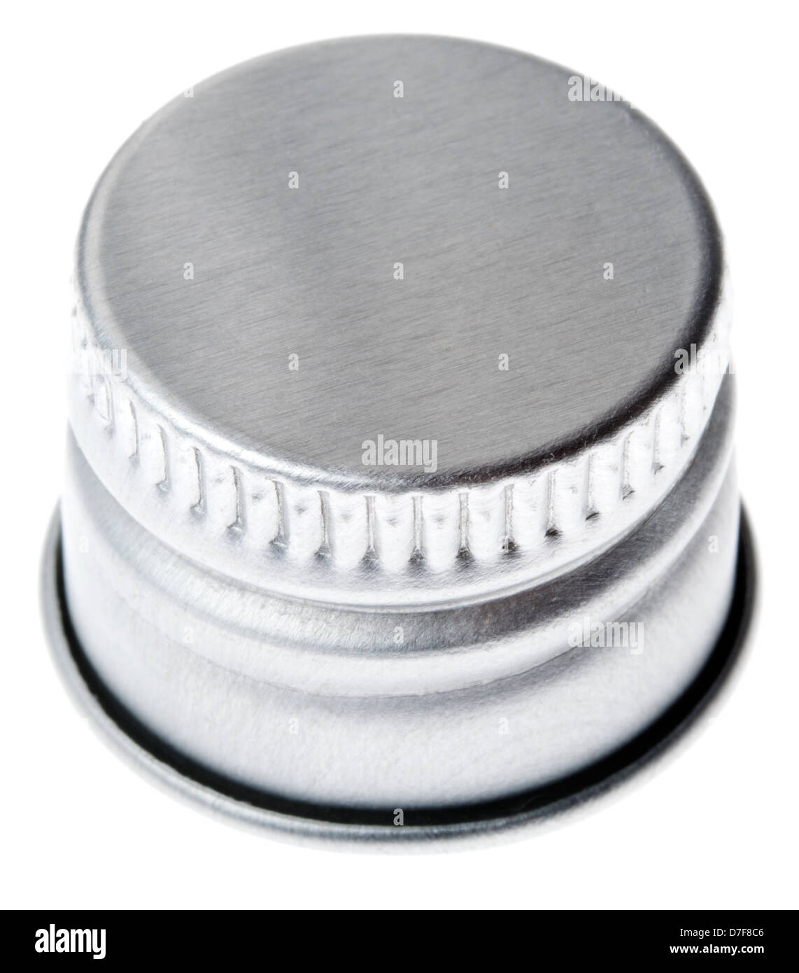 Silver colored aluminum cap, Shot from a slightly high angle. Isolated ...