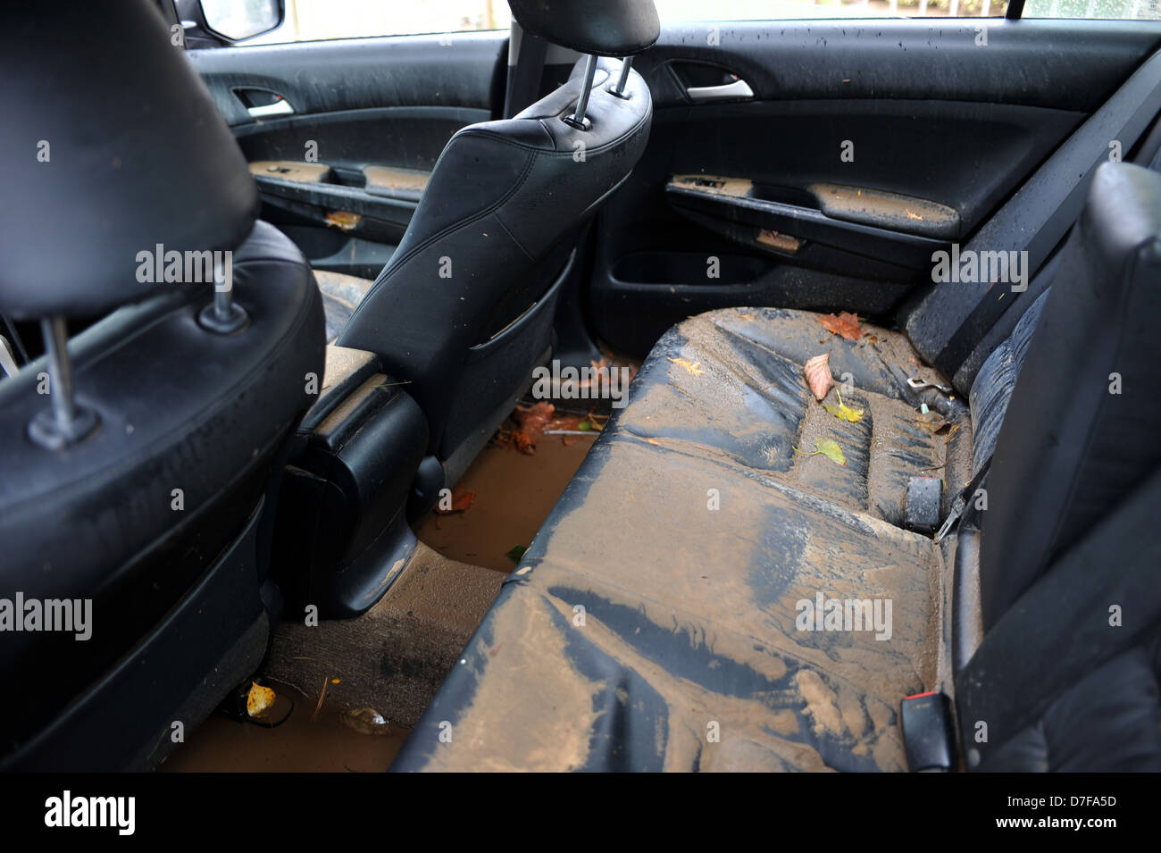 BROOKLYN, NY - OCTOBER 29: Debris litters and mud inside abandoned car ...