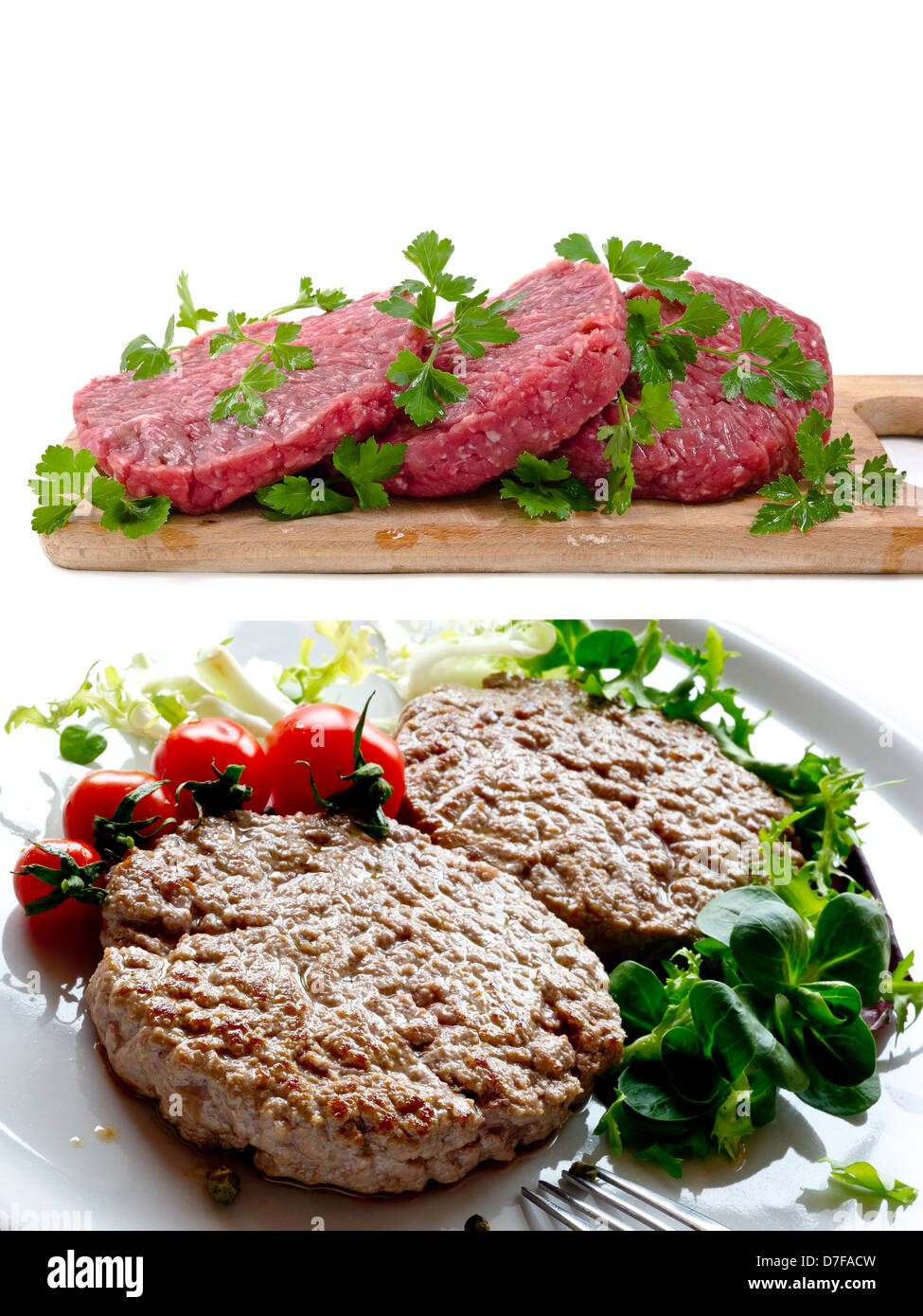 raw burgers in white background Stock Photo - Alamy
