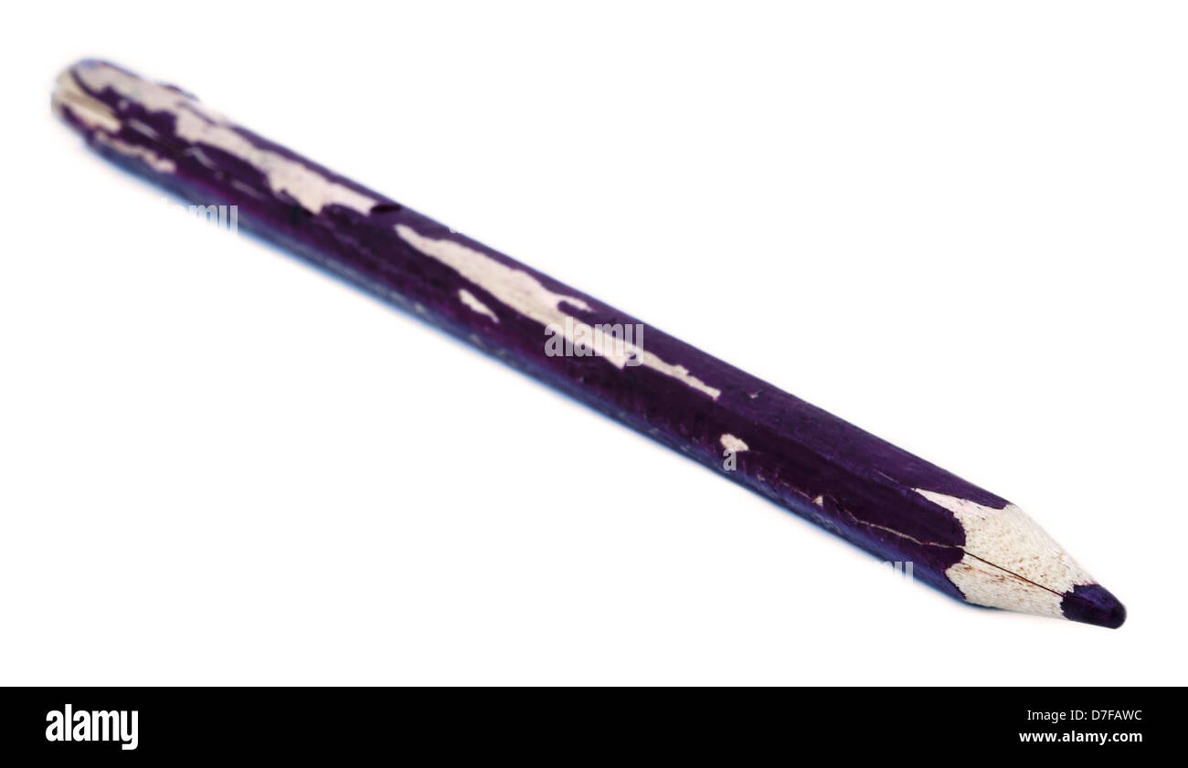 The front side of a used and bitten purple pencil isolated on white ...