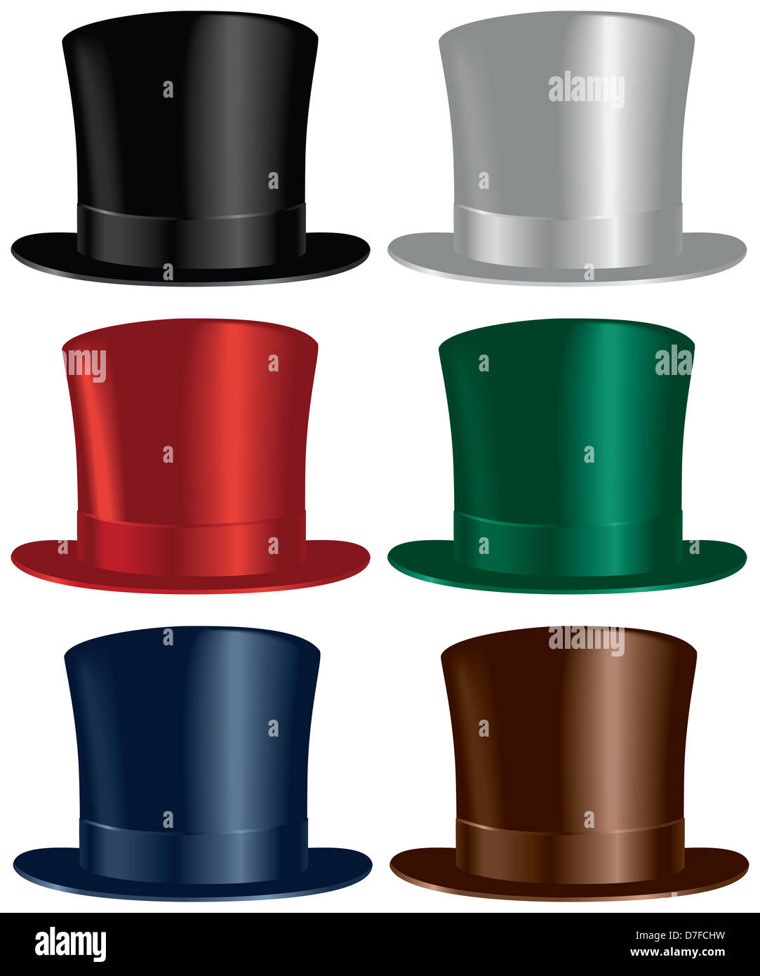 A top hat selection in black, gray, red, green, blue and brown colors ...