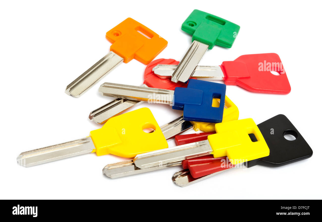A group of 10 keys with different colors of plastic coats, isolated on ...
