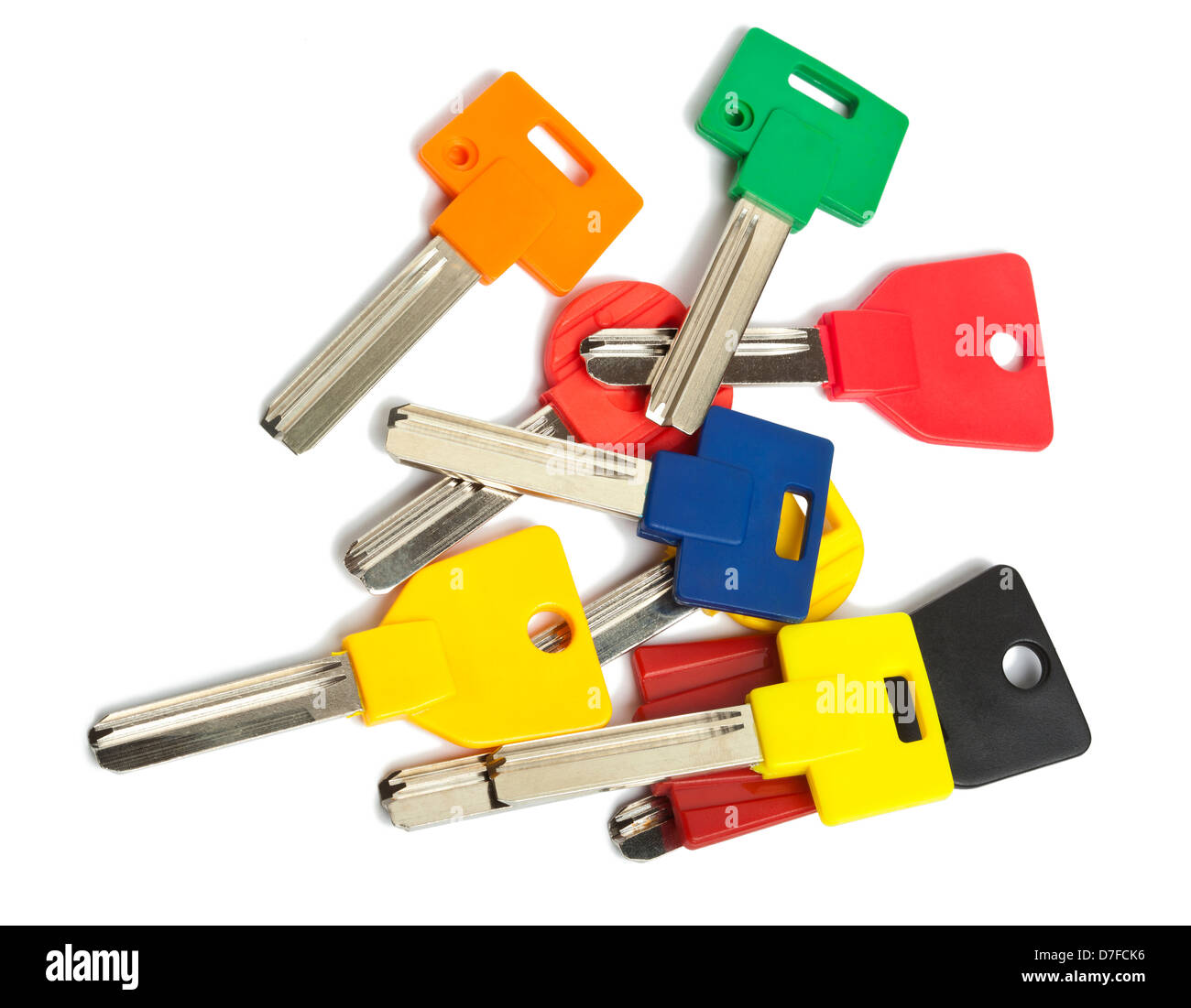 A group of 10 keys with different colors of plastic coats, isolated on ...