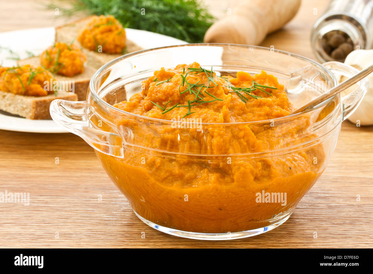toasted rye bread with boiled squash pate Stock Photo - Alamy
