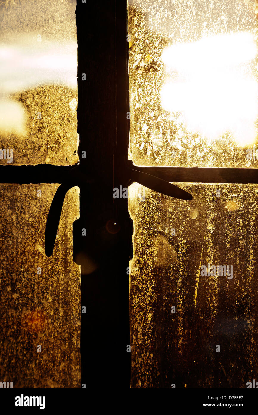 Afternoon yellow sun is back-lighting a window stained with drop marks ...