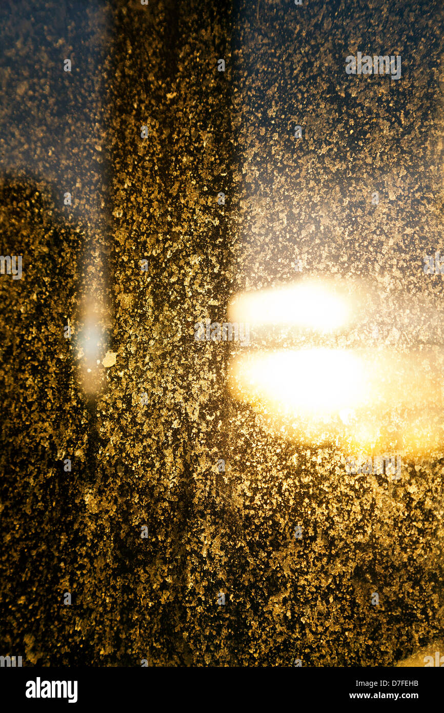 Afternoon yellow sun is back-lighting a window stained with drop marks ...