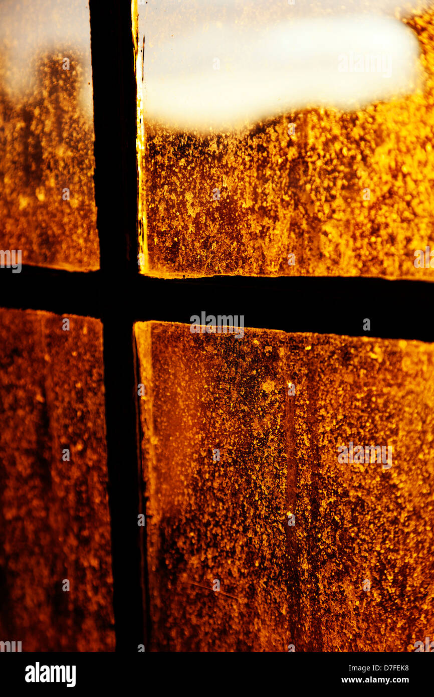 Afternoon yellow sun is back-lighting a window stained with drop marks ...