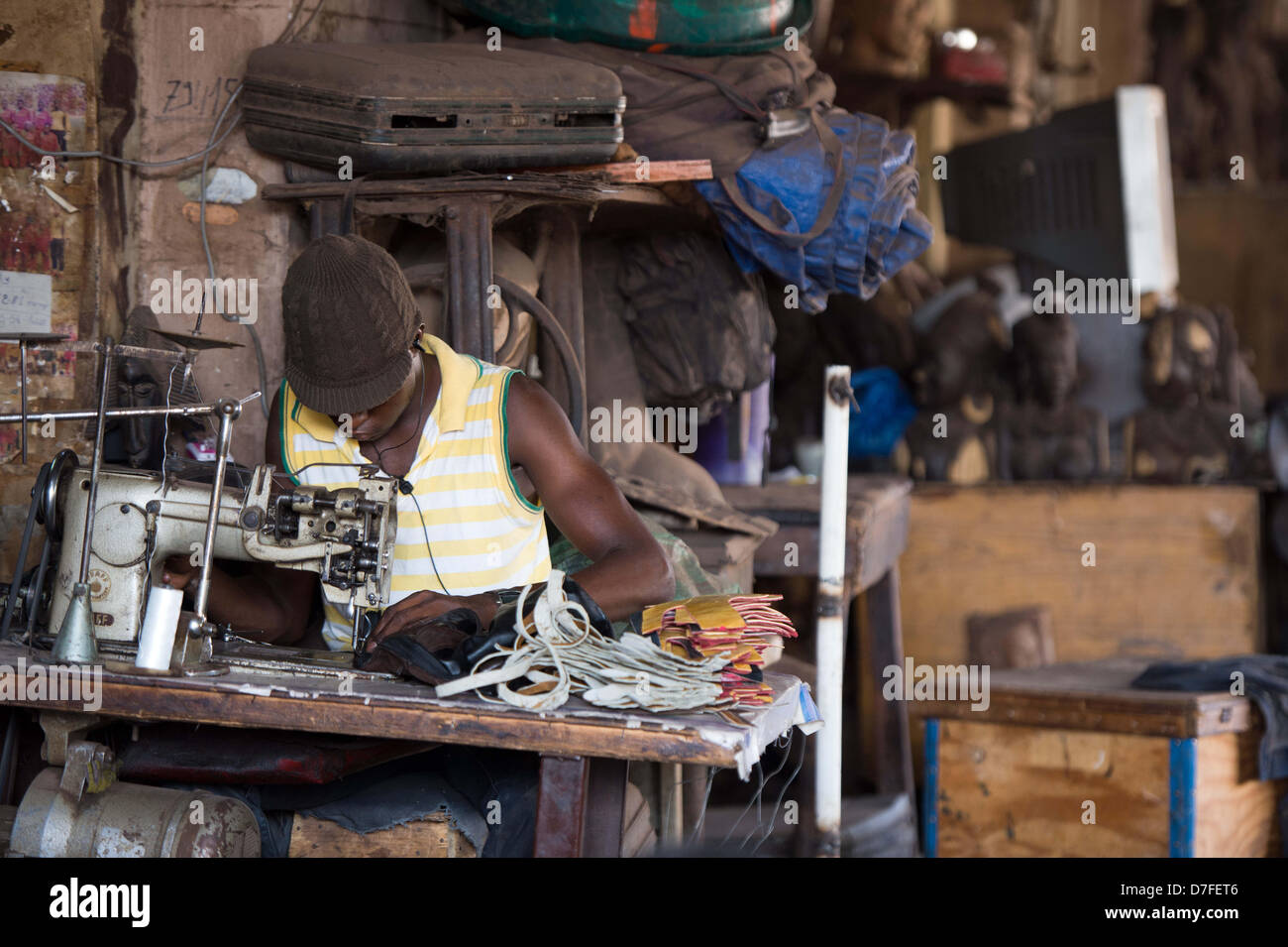A local craftsman produces leather goods in Bamako, capital of Mali, 06 ...