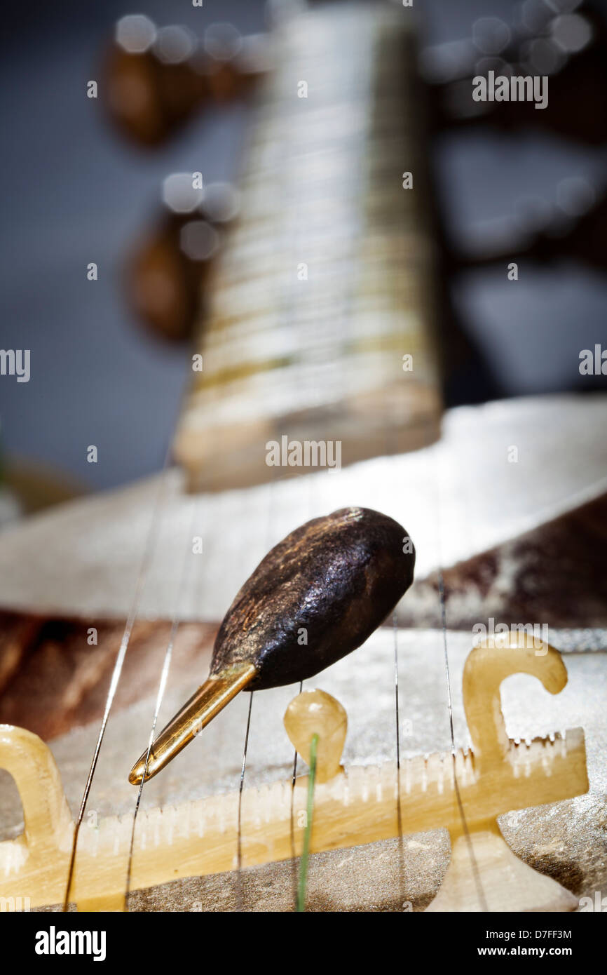 Macro close-up on bridge Persian Tar musical string instrument Tar's ...