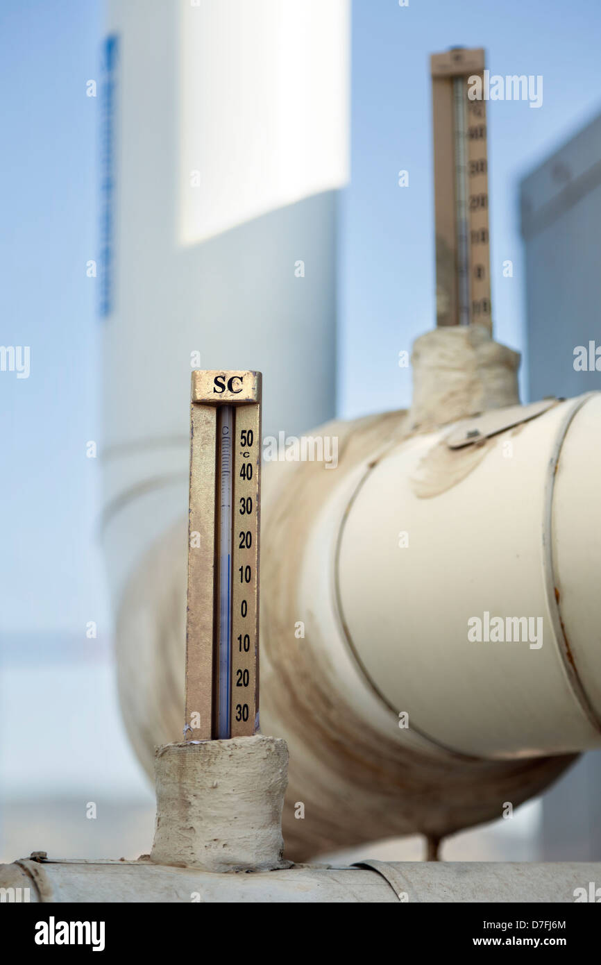 Couple Celsius thermometers connected to water pipes which are part ...