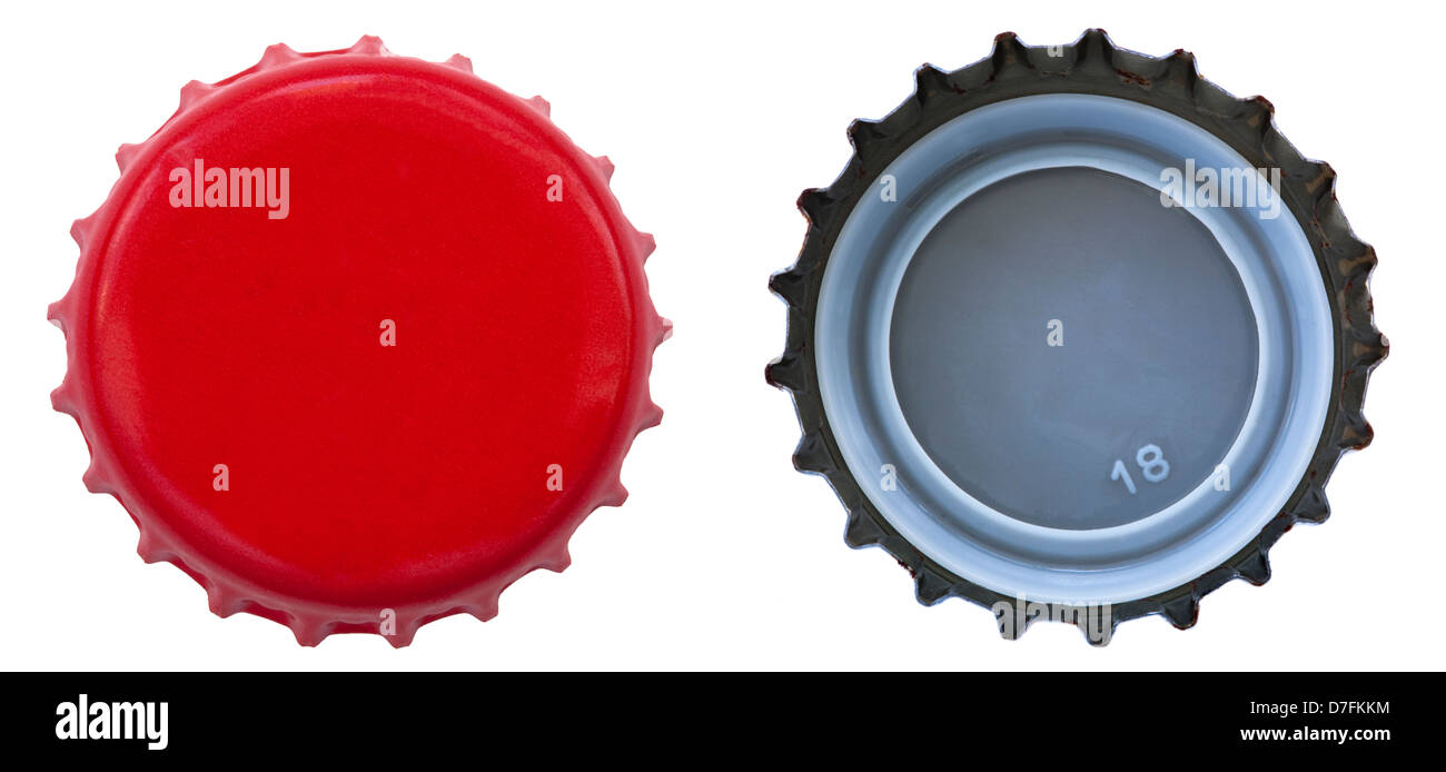 Both sides of a red metal bottle cap. One of the top side and one of ...