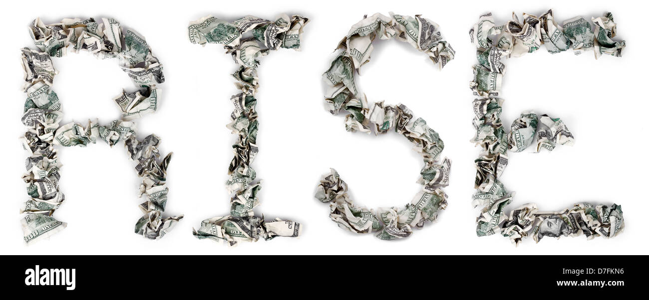 The word 'rise', made out of crimped 100$ bills. Isolated on white ...