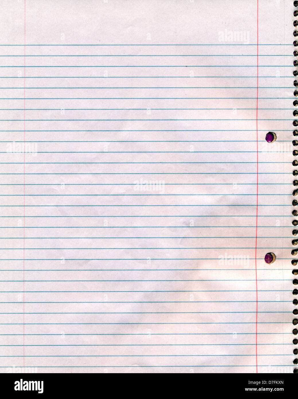 A somewhat dirty and wrinkled page of a spiral bound lined notebook ...