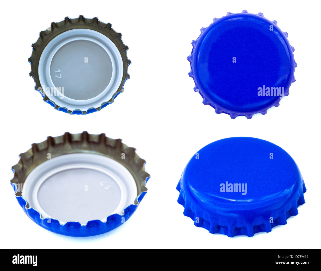Four angles of blue colored metal caps, used for glass soda bottles ...