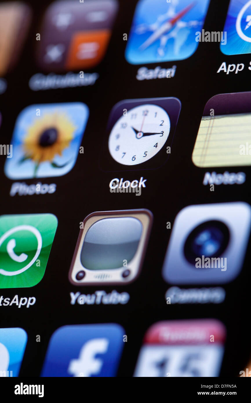 Extreme macro image an iPhone 4 screen displaying buttons for apps ...