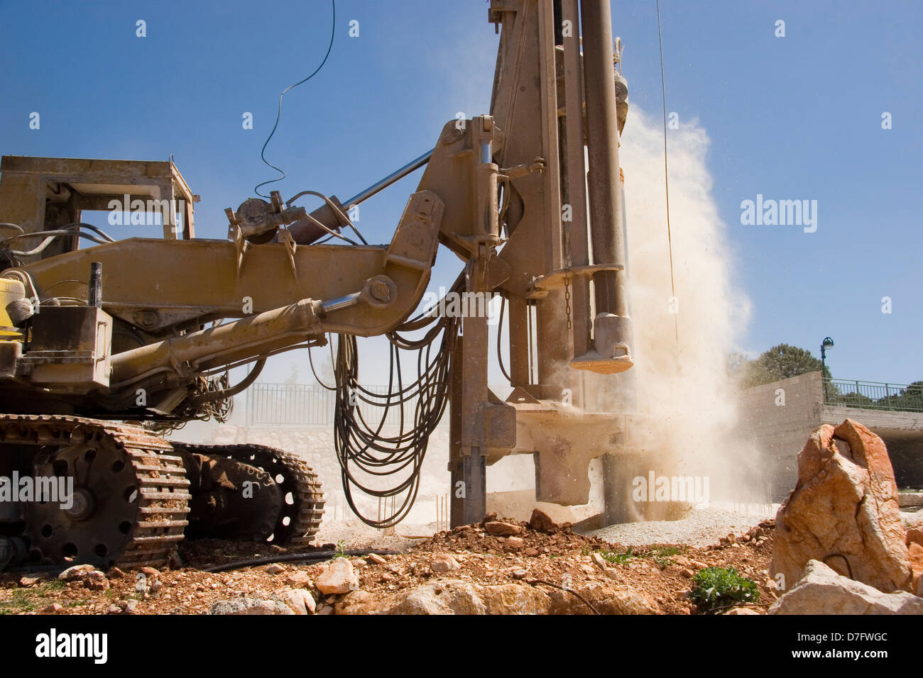 drilling to create pre tensioned concrete (Pile) for a new house Stock ...