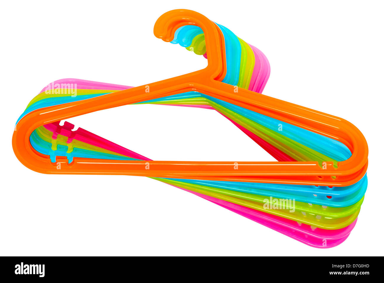 Colored plastic hangers isolated on white background Stock Photo - Alamy