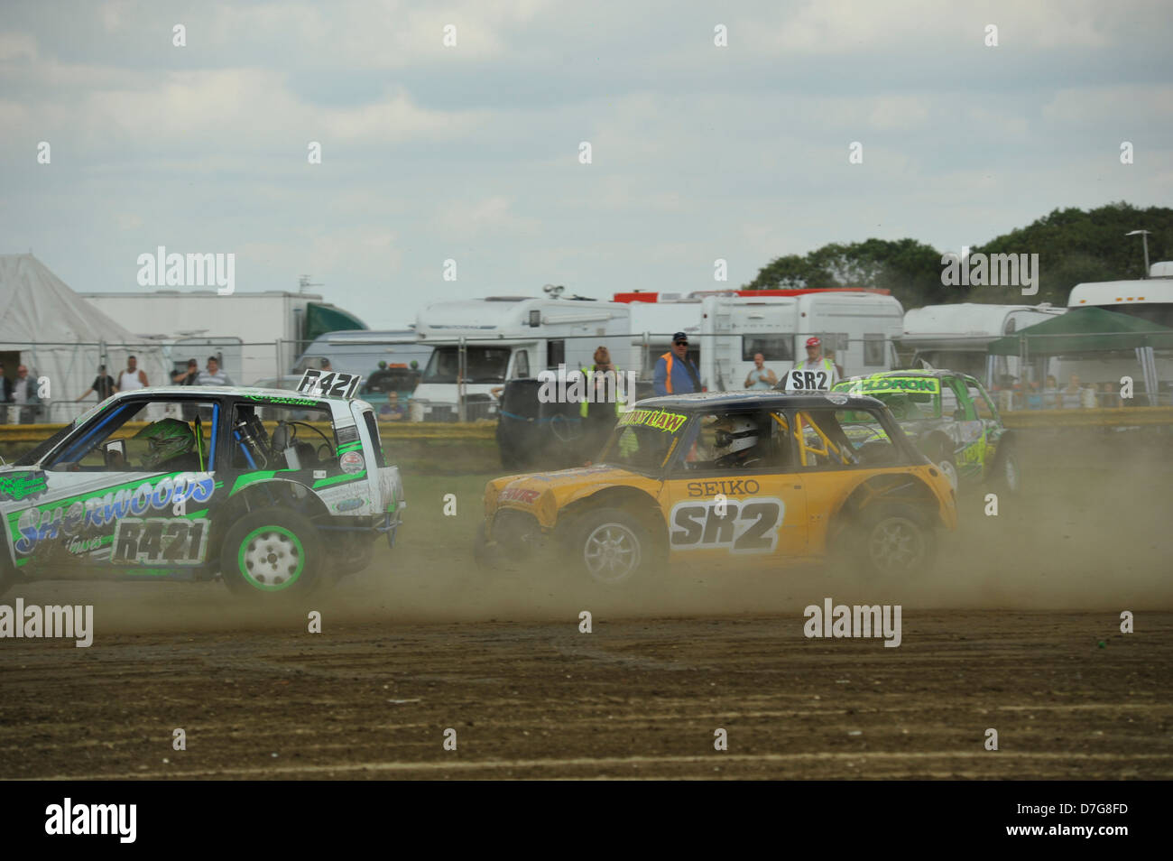 racing:Auto grass;cars;minis;caravans,trailers.trees,blue skies Stock ...